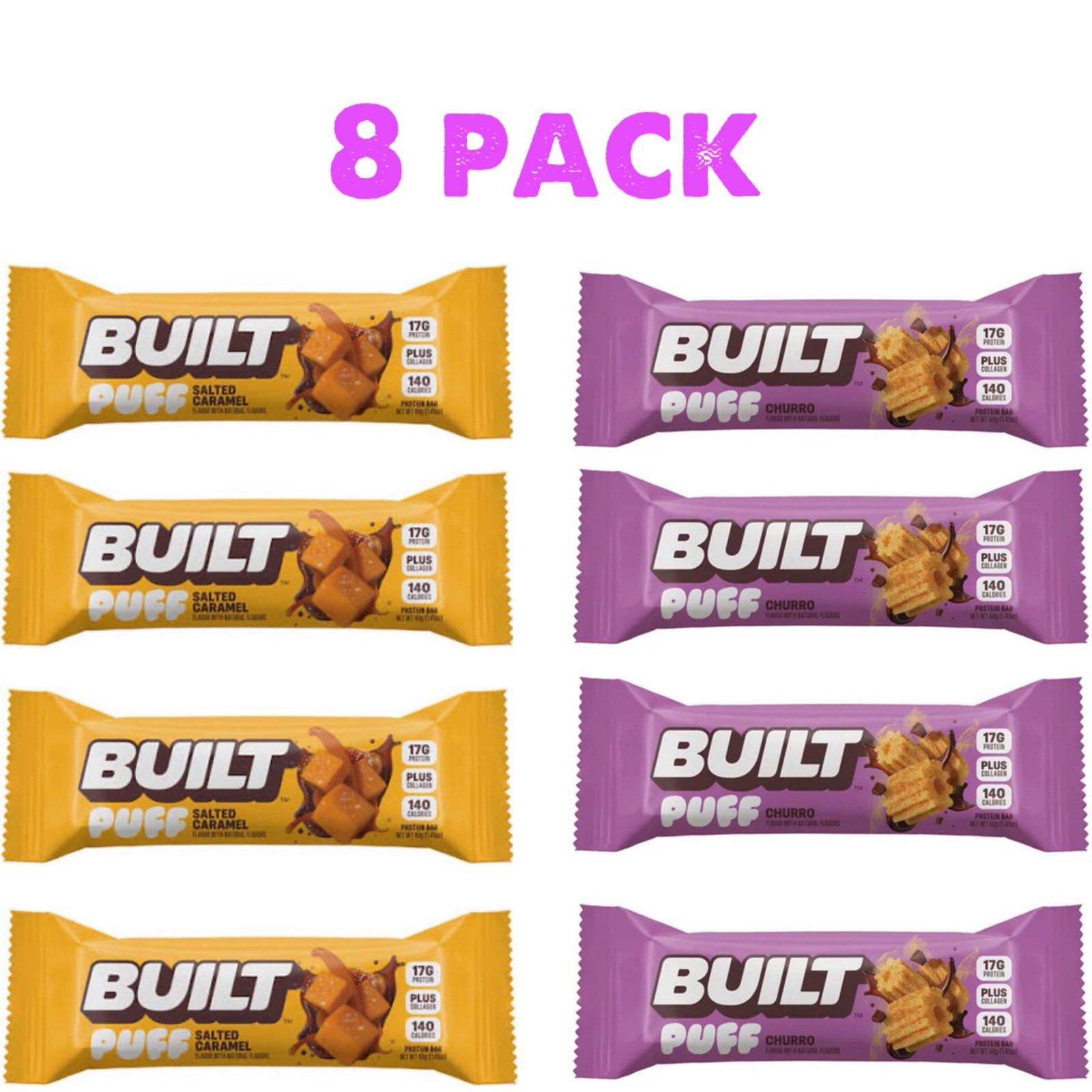 8 Pack Built Puff Protein Bar, Salted Caramel and Churro Variety, 17g ...