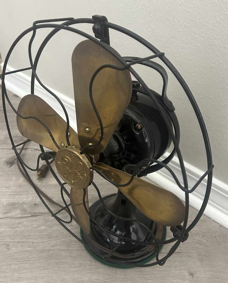 ANTIQUE GE 12" BRASS BLADE CAGE FAN Vintage Restored Oscillating Black ...
