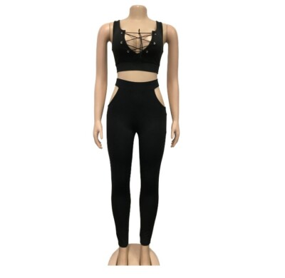 Women Solid 2PC Set Tracksuit Lace UP Crop Tops Cut Out Legging Pants ...