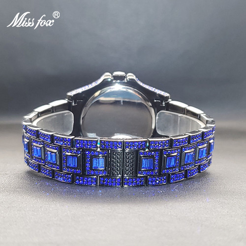 Hip Hop Luxury Ice out Men's Watch Iced Bling King Quartz Blue VVS Cz ...