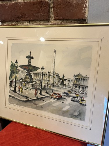 G. LeLong Paris Street Scene Hand Colored Lithograph The Place de la ...