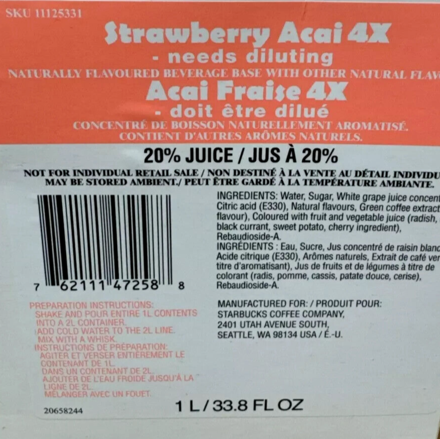 Starbucks Strawberry Acai Refresher Base 4x Concentrate BB FEB 20 2025 ...