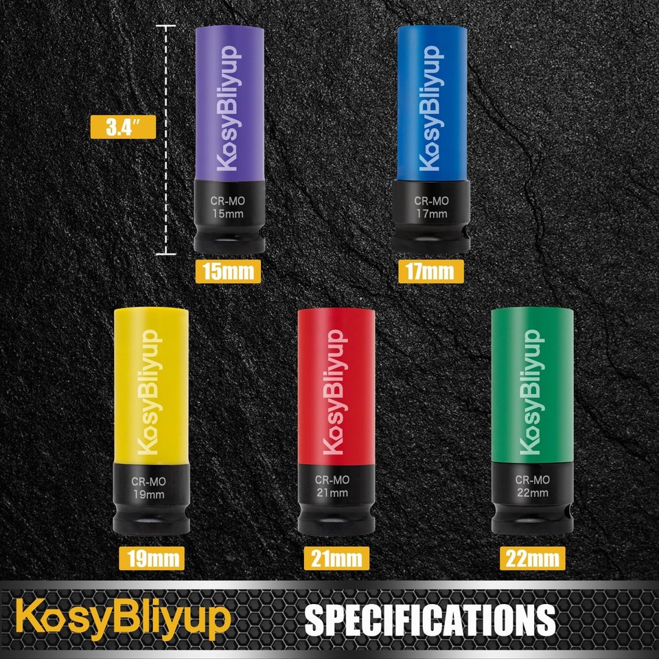 5 Pcs 1/2" Drive Impact Lug Nut Socket Set, Non-Marring Thin Wall Deep ...
