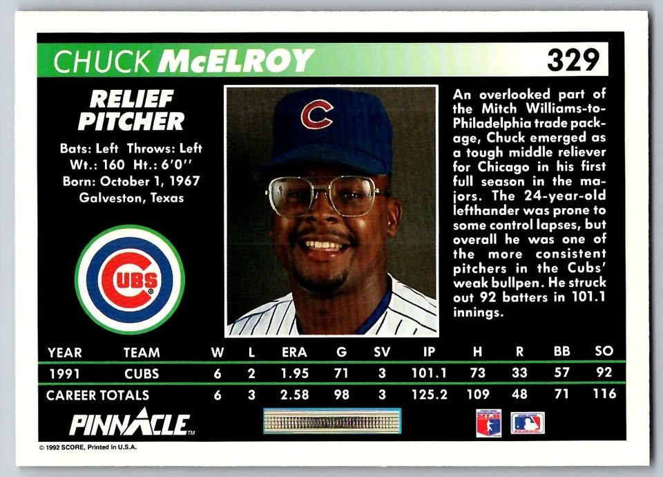 1992 PINNACLE CHUCK MCELROY CHICAGO CUBS #329 | eBay