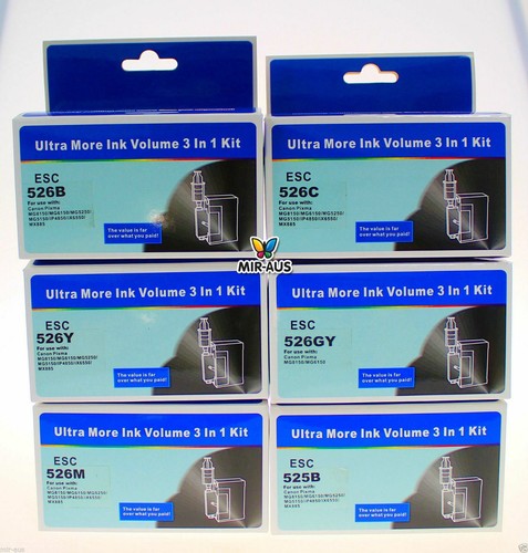 6 x Canon refillable cartridges+600ml ink PGI525BK CLI526BK 526C 526M ...