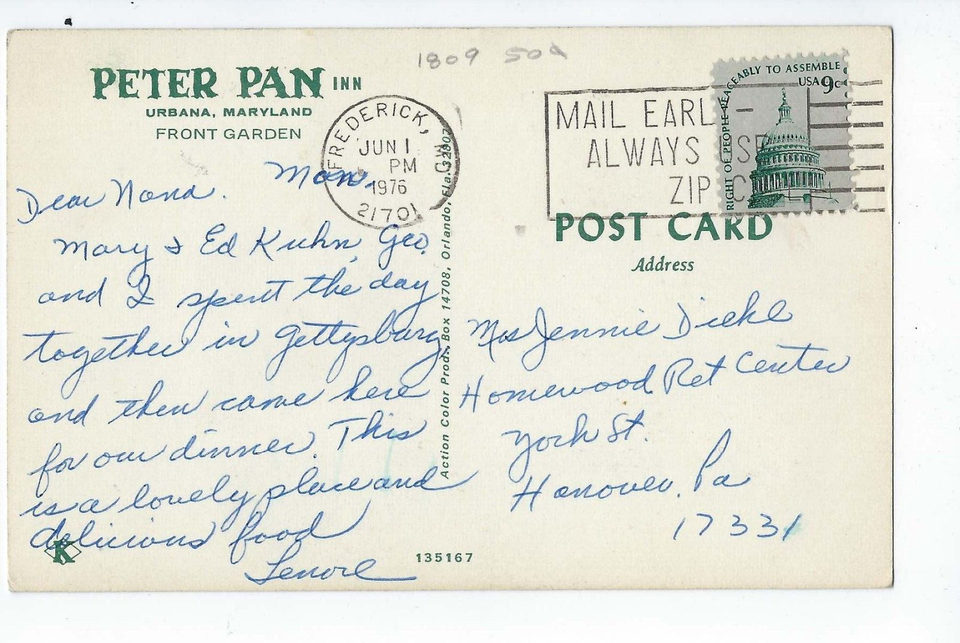 Peter Pan Inn Urbana Maryland Postcard Front Garden & Fountain | eBay
