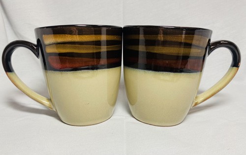 2- SONOMA Life + Style “AZTEC” Coffee Mug Tan W/Browns & Black strips ...