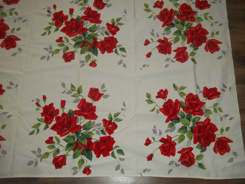 🌹 1940s-50s Vintage Wilendur 🌹 Red Rose 🌹 Tablecloth Cotton 69" X 56" 🌹 ...