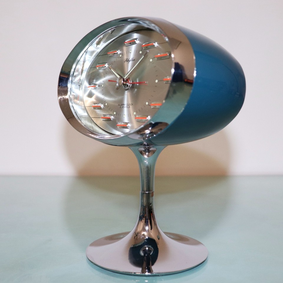 RHYTHM 51141 TOP! Clock Mantel Alarm Vintage Space Age Blue CHROME Desk ...