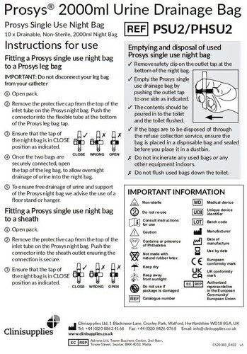 Prosys 2000ml Urine Drainage Night/Bedside Bag PSU2 Single Use **Pack ...