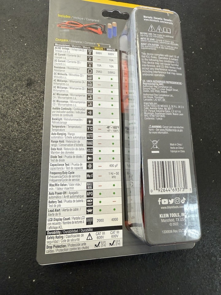 Klein Tools MM325 Multimeter Digital Manual-Ranging 600V AC/DC Voltage ...