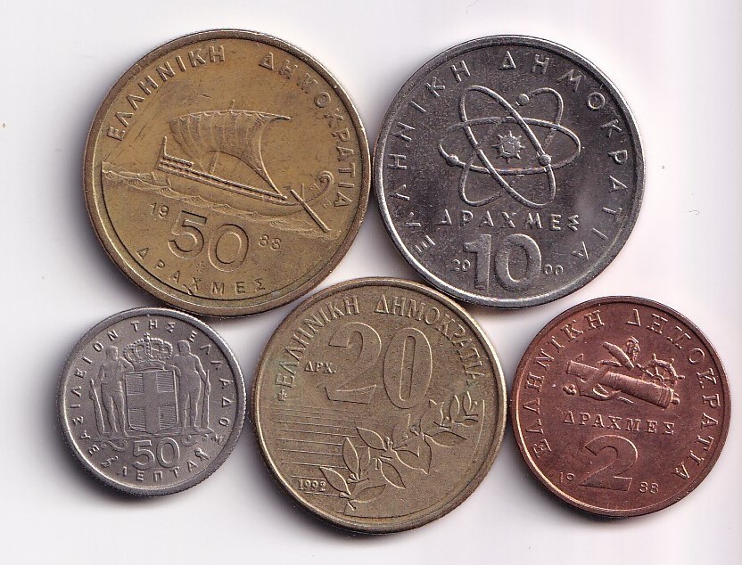 Five Greece coins, 20 Lepta, 2, 10, 20, and 50 Drachmes, 1964- 2000 | eBay