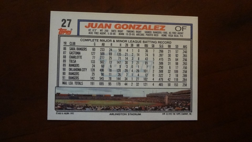 1992 TOPPS # 27 JUAN GONZALEZ BASEBALL CARD | eBay