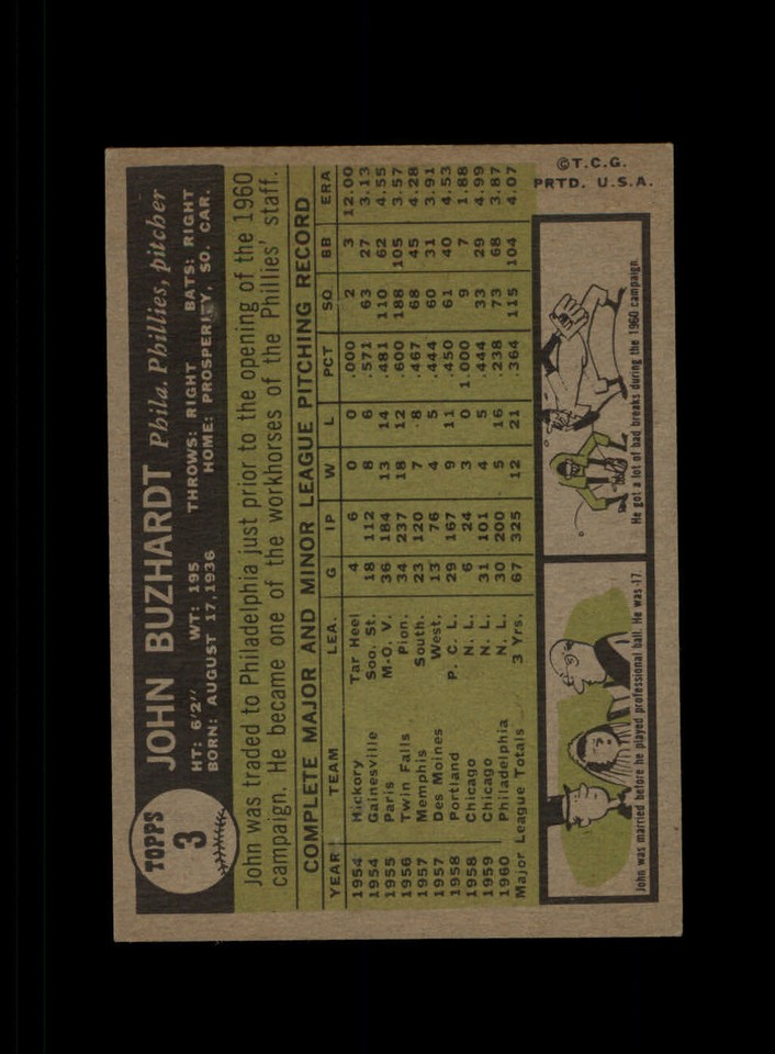 1961 JOHN BUZHARDT TOPPS #3 PHILLIES *R8495 | eBay