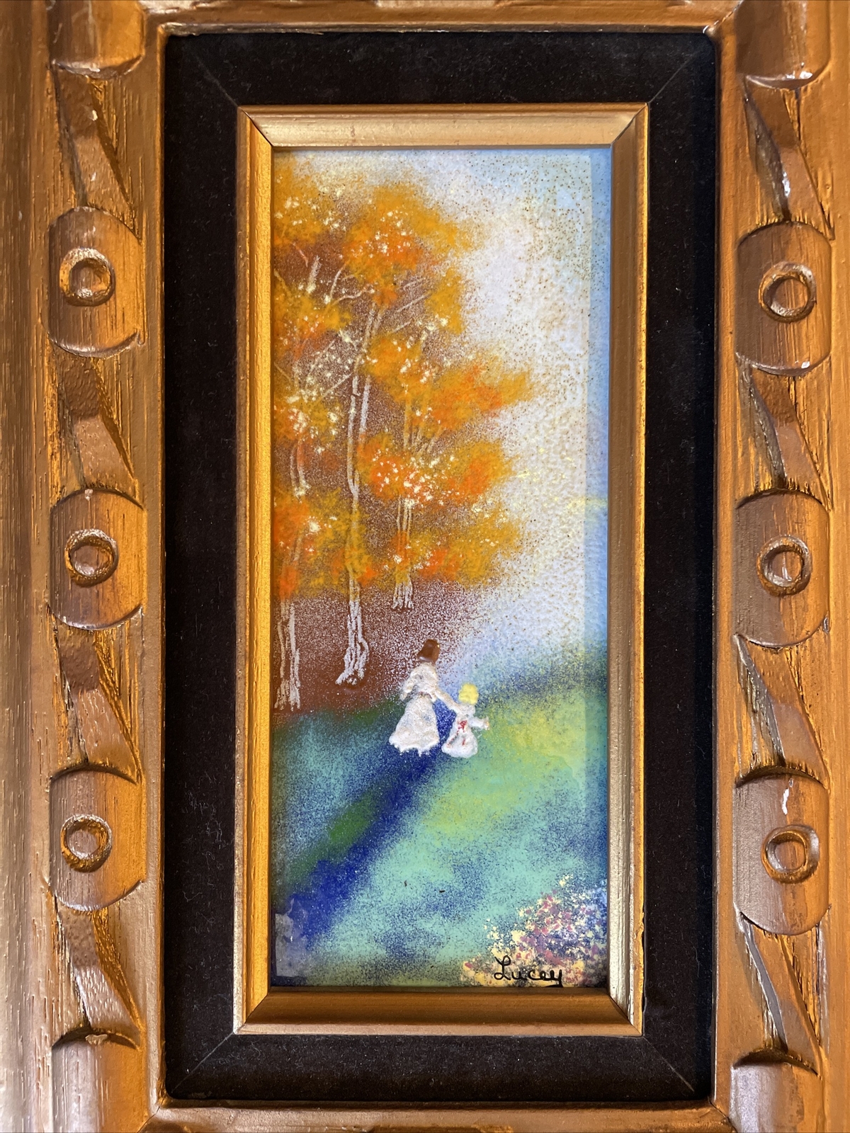 Vintage Jean Lucey Enamel On Copper Painting of Woman with Child in ...