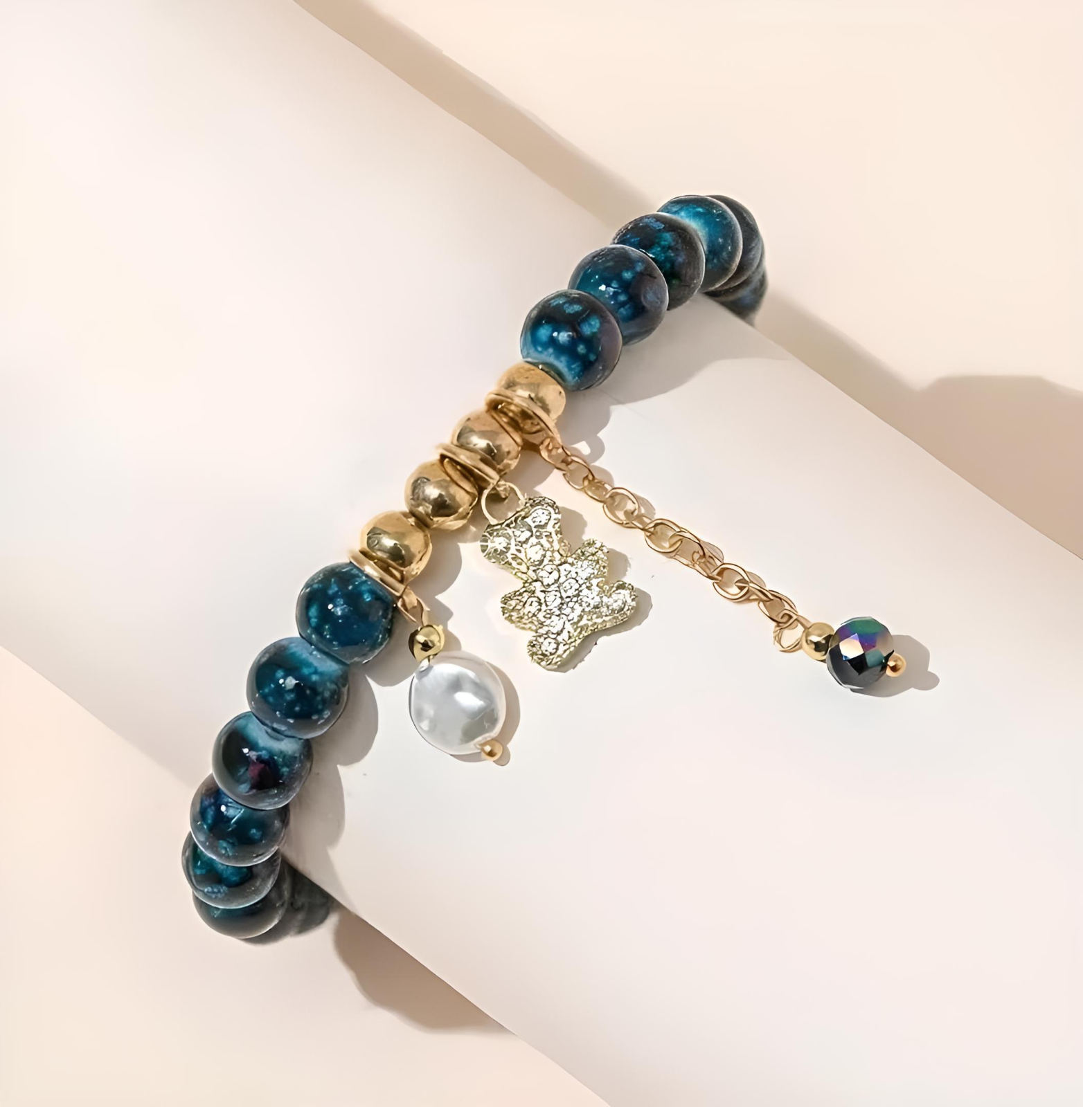 Ladies Blue Elastic Ceramic Beaded Rhinestones Bear Charm Elastic ...