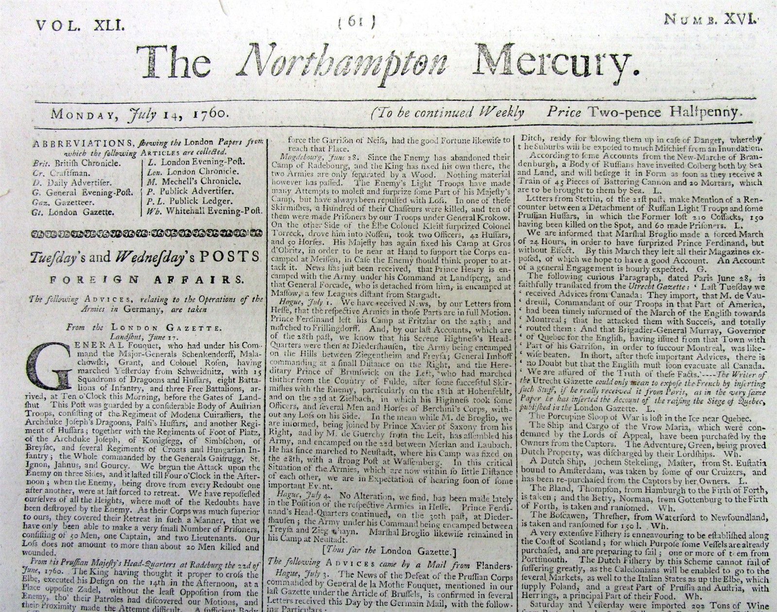 1760 newspaper Coverage of SIEGE OF QUEBEC | Grelly UK