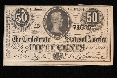 1864 Fifty Cents (50C) Confederate Note T72 Jefferson Davis CU+ 410O | eBay