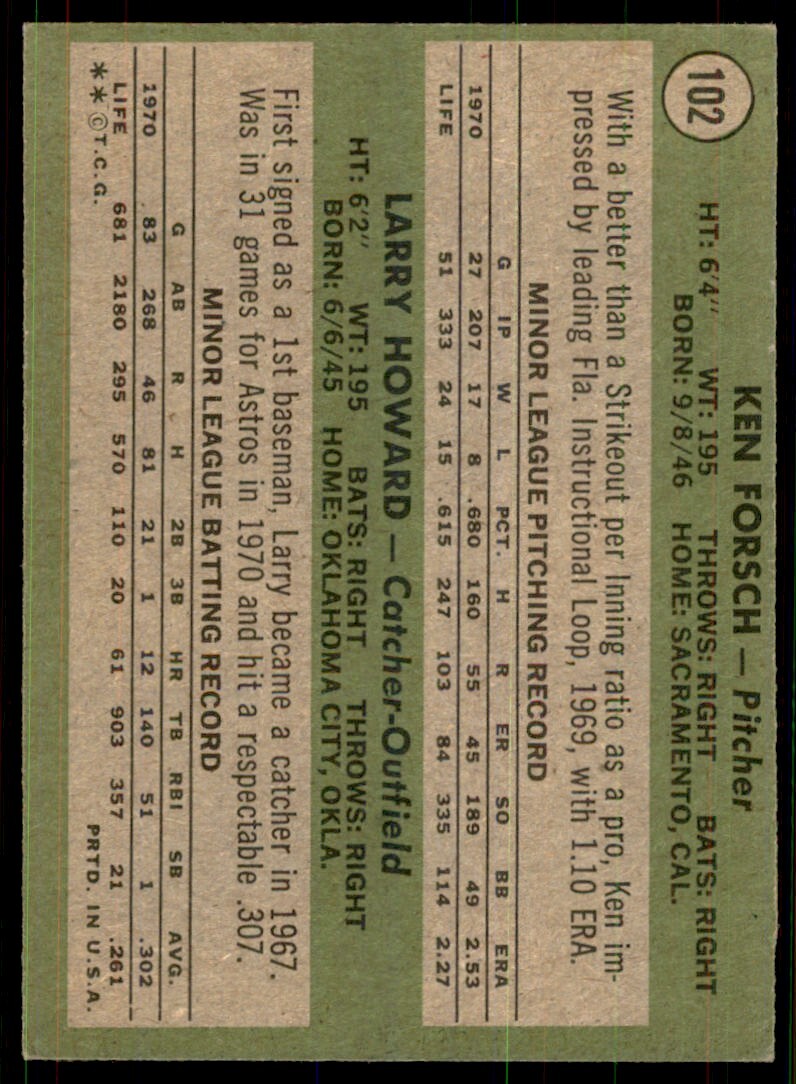 1971 Topps Baseball Card Astros Rookies - Ken Forsch/Larry Howard ...