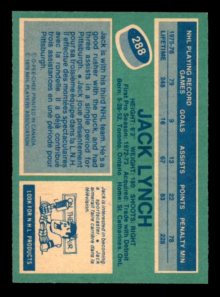 1976 OPC O-Pee-Chee Hockey #288 Jack Lynch NM/MT | eBay