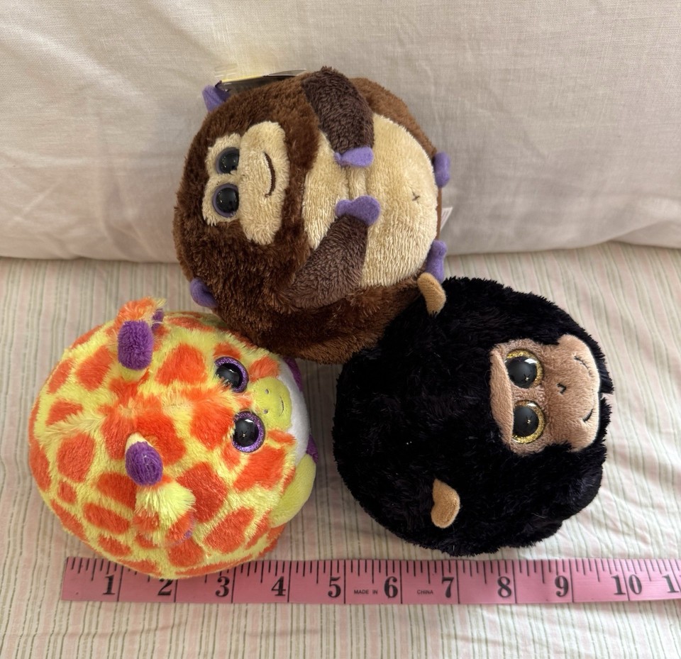 Lot 3 Ty Beanie Ballz Bananas Tank Monkey Giraffe Toby Plush Round ...