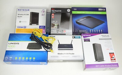 JUNK DRAWER LOT G - WIRELESS WI-FI ROUTERS, MODEM, HD ANTENNA - LINKSYS ...