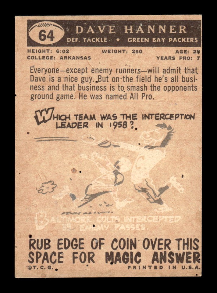 1959 Topps Football #64 Dave Hanner EX MINT Green Bay Packers | eBay