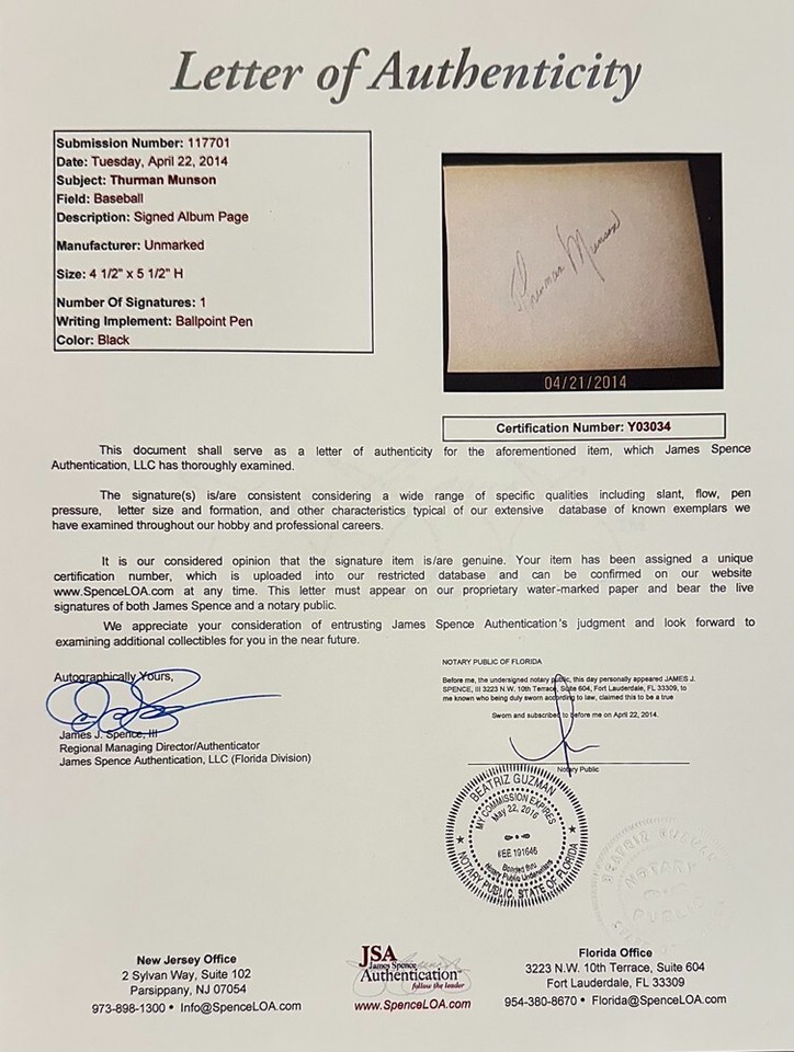 Thurman Munson Signed Autograph Display, NY Yankee Custom Frame. Auto ...