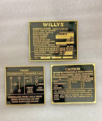 FITS WILLYS JEEP FORD CJ2A CJ3A CJ3 BRASS MADE BLACK DASH DATA PLATE 3 ...