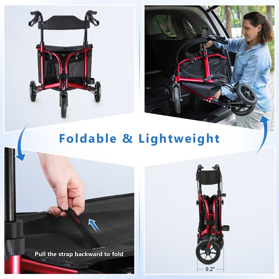 Rollator Walker Aluminum 3 Wheel Adjustable Foldable Lightweight with ...