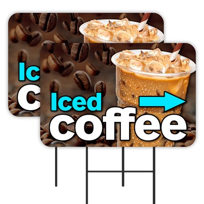 Iced Coffee 2 Pack Double-Sided Yard Signs 16" x 24" with Metal Stakes ...