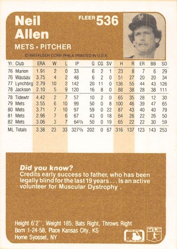Neil Allen 1983 Fleer 536 New York Mets Baseball Card | eBay
