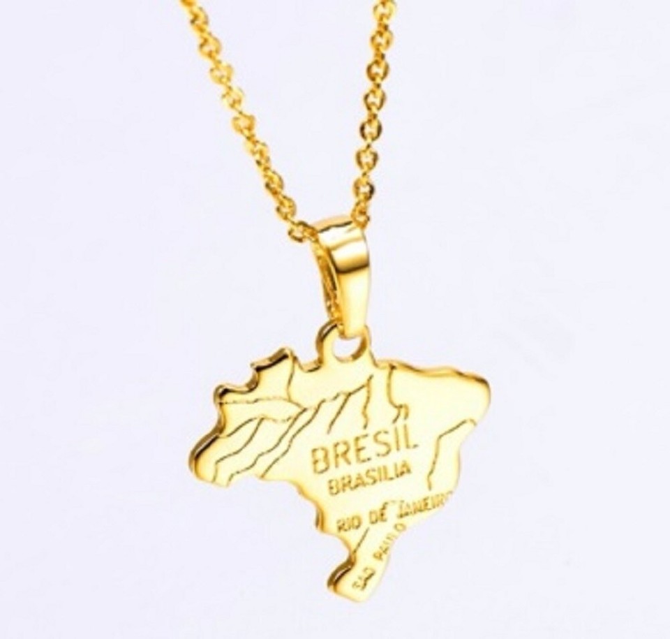 Gold Plated Brazil Map Necklace Pendant & Chain Bresil Brasil Rio De ...