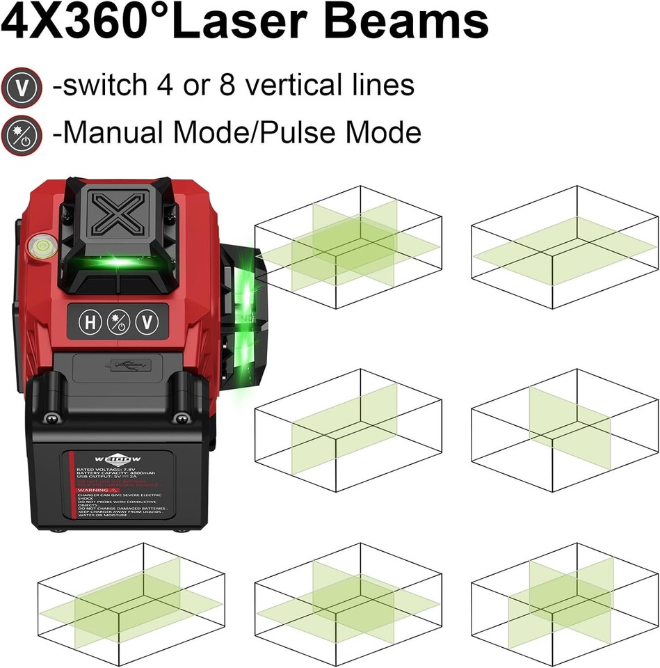 4D Laser Level 360° Self-Leveling Cross Line w/Tripod & two 4800 mAh ...