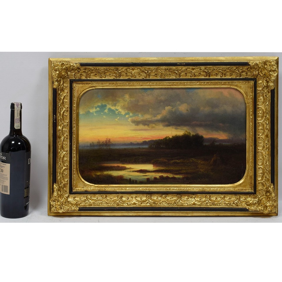 19th century Old oil painting landscape with setting sun 24 x 16.5 in ...