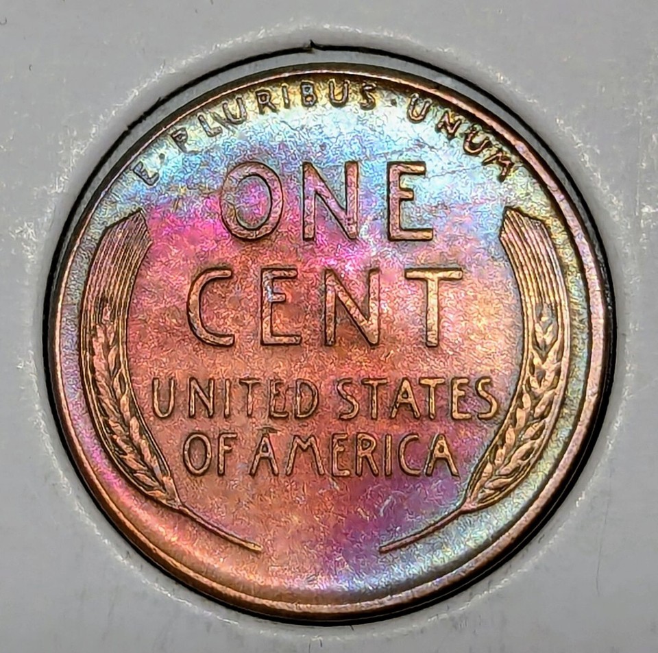 1957 D Monster Rainbow Toned Lincoln Wheat Cent Penny Colors Coin Minor ...