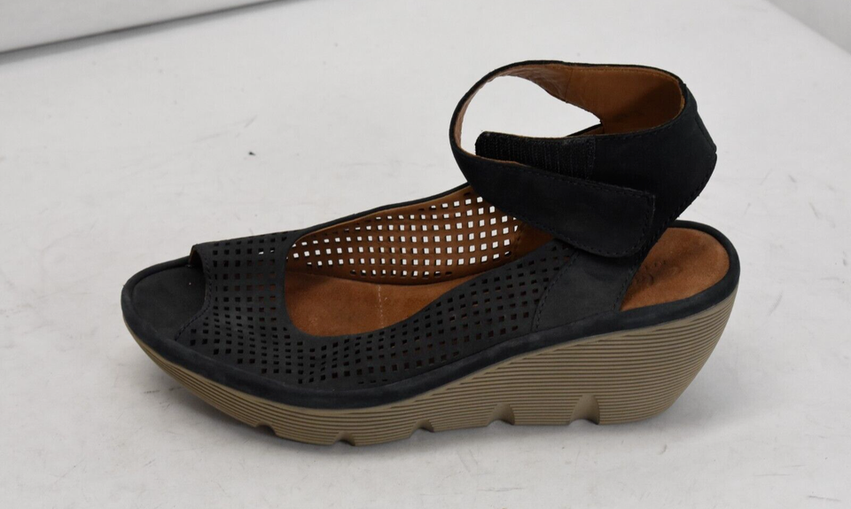 Clarks Reedly Salene Nubuck Ankle Strap Wedge Sandals Navy Blue Womens ...