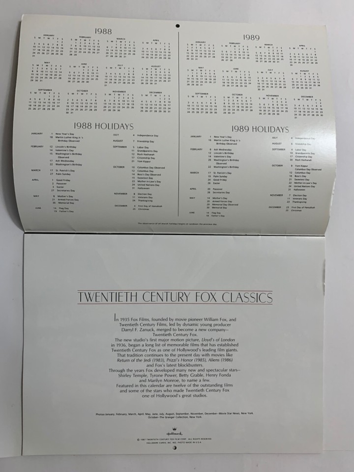20th Century Fox Classics 1988 Calendar Photos 1930s-1970s Unmarked ...