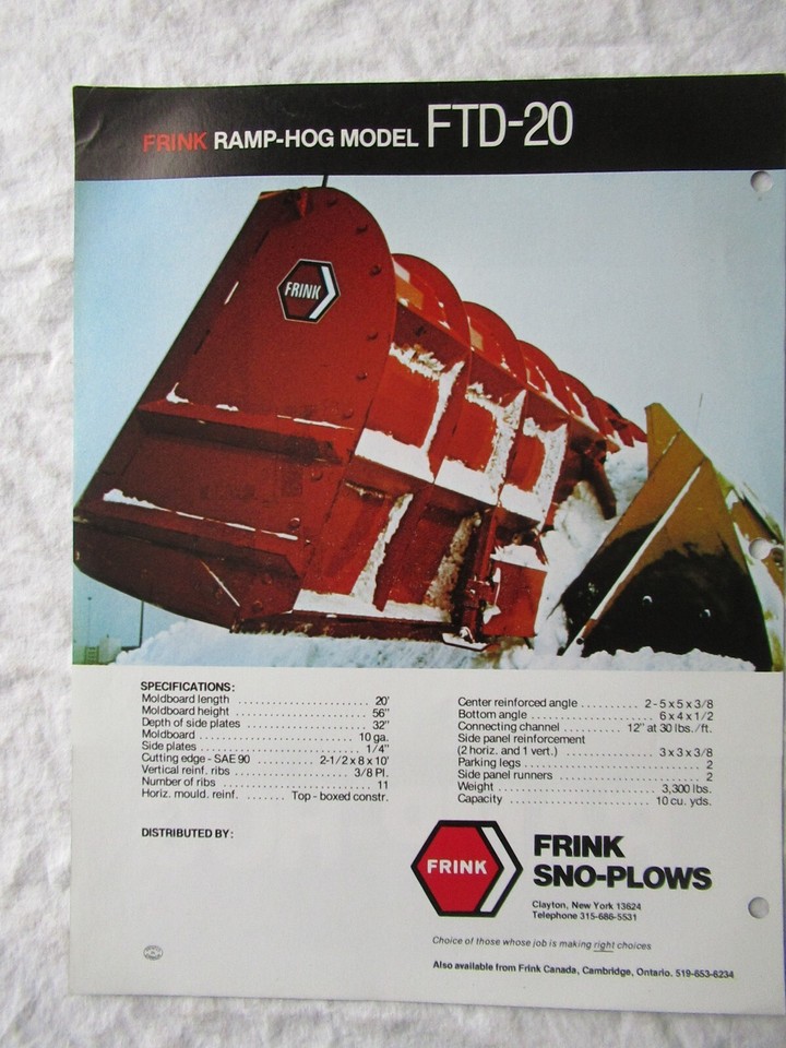 Frink Ramp Hog FTD-20 Snow Plow Snowplow Removal Specification Sheet ...
