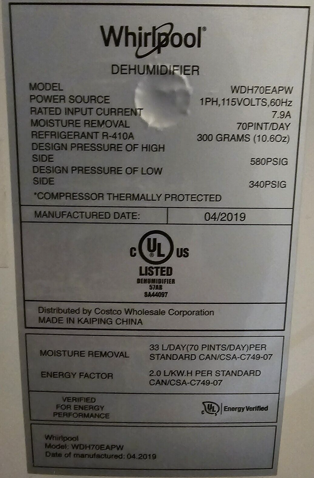 Whirlpool WDH70EAPW Dehumidifier Replacement Part: Humidity Sensor ...