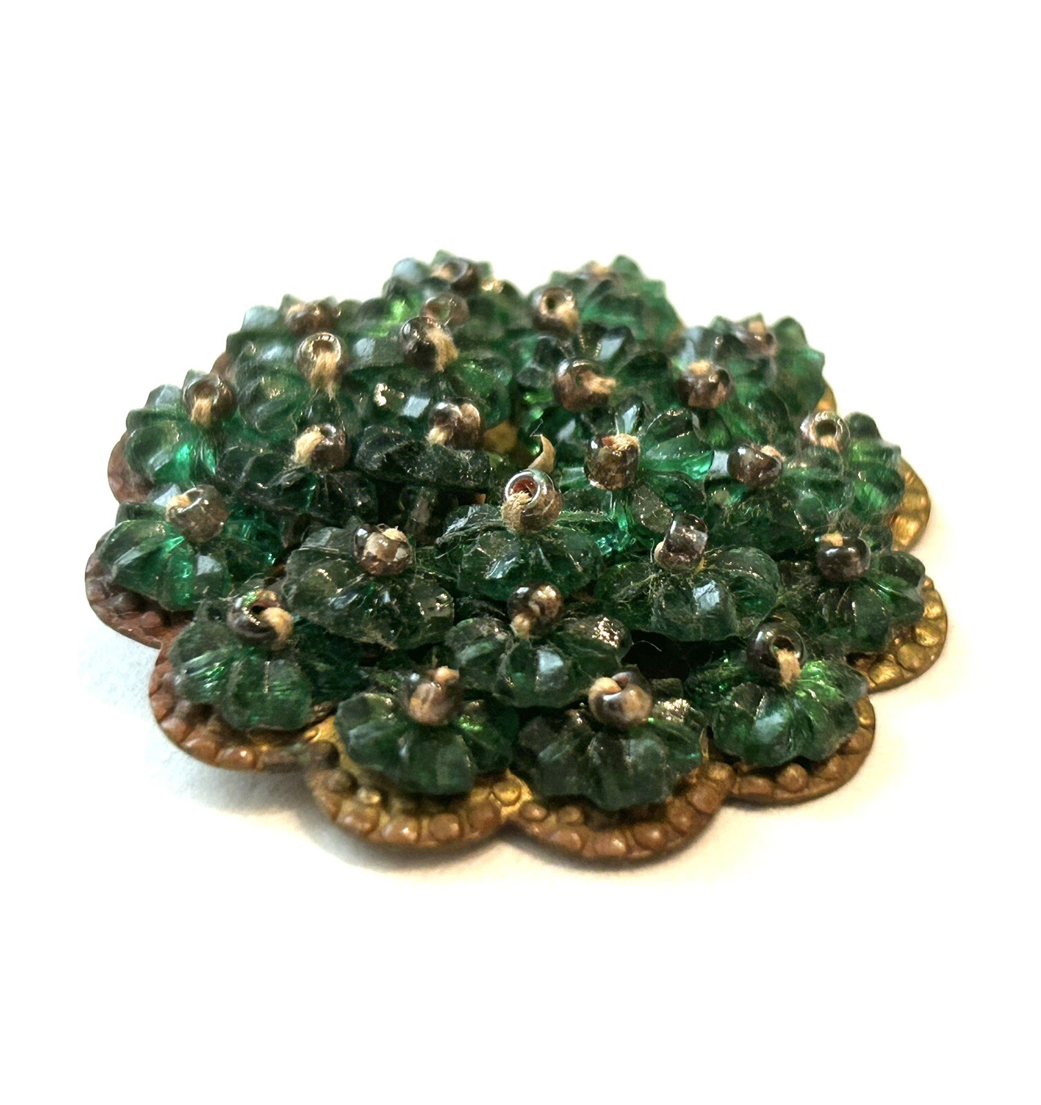 Vtg Early Unsigned Miriam Haskell Green Molded Glass Flower Brooch Sewn ...