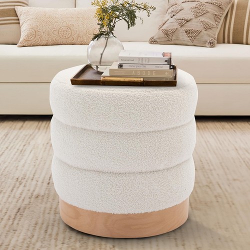 Sherpa Ottoman Footstool, Tufted Modern Foot Rest Stool with Wood Base ...