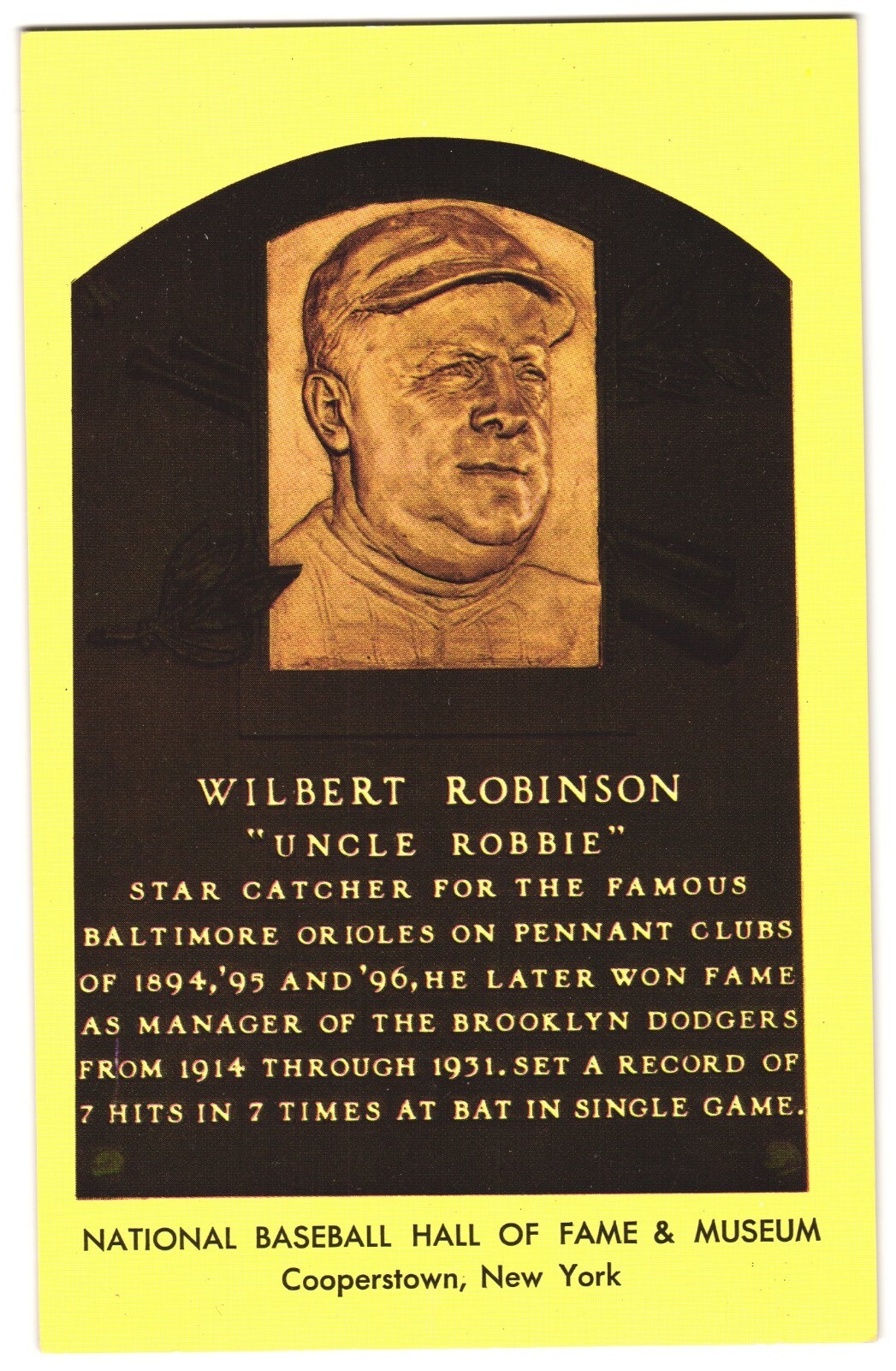 Wilbert Robinson Yellow Hall of Fame Plaque Postcard | eBay