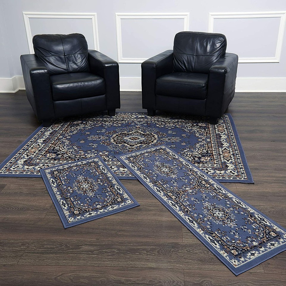 Blue White 3 pc Area Rug Set Border Accent Mat Room Carpet Runner ...