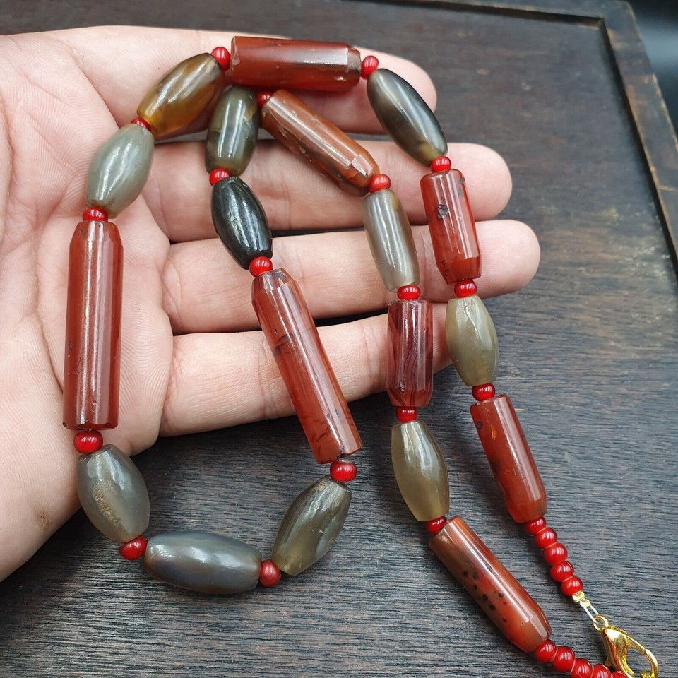 Amazing antique gray agate african trade red agate beads necklace | eBay