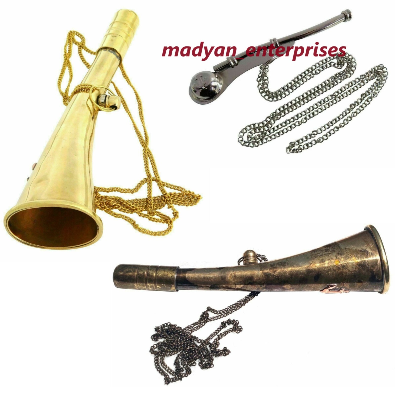 Set Of 3 Brass Fog Horn Marine Signal Whistle Boatswains Pipe Horn Neck ...