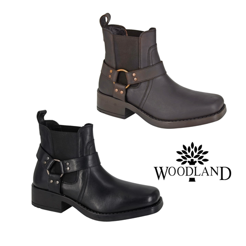 Mens Woodland Biker Ankle Boots Leather Gusset Harness Square Toe ...