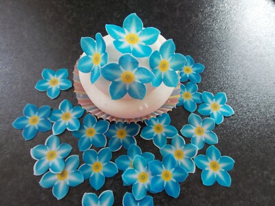 24 PRECUT Edible Blue forget me not Flowers wafer paper cake/cupcake ...