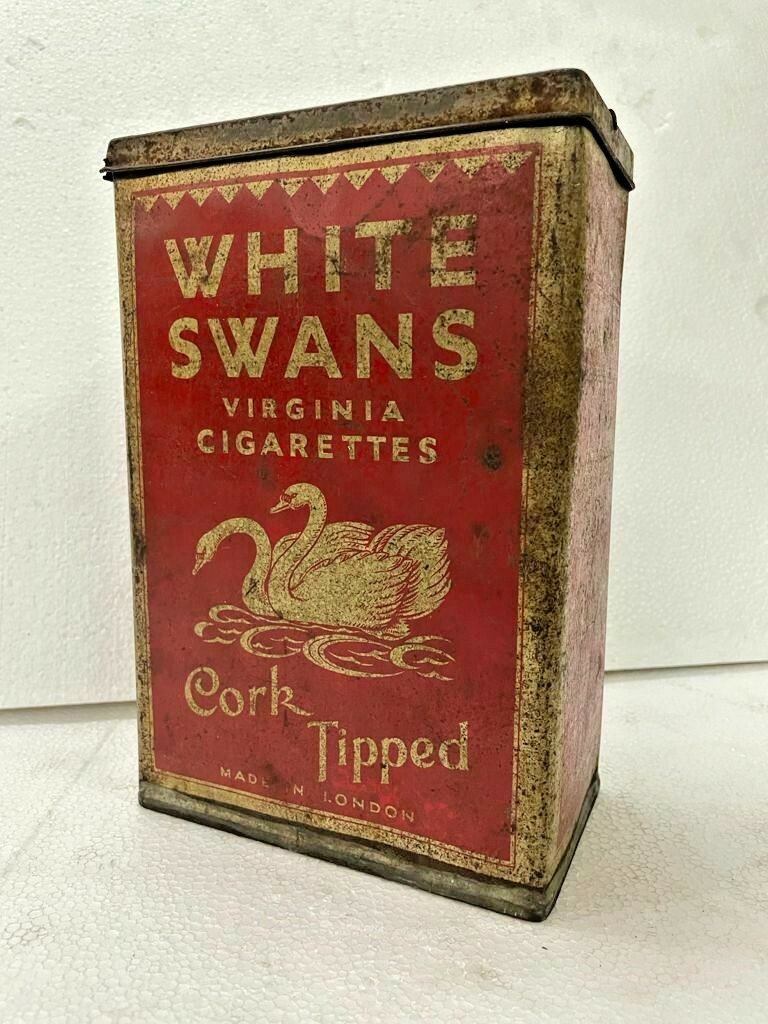 OLD VINTAGE WHITE SWANS VIRGINIA CIGARETTES ADV. SIGN IRON TIN BOX ...