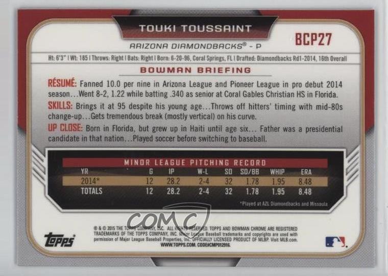 2015 Bowman Chrome Prospects Blue Wave Refractor Touki Toussaint #BCP27 ...
